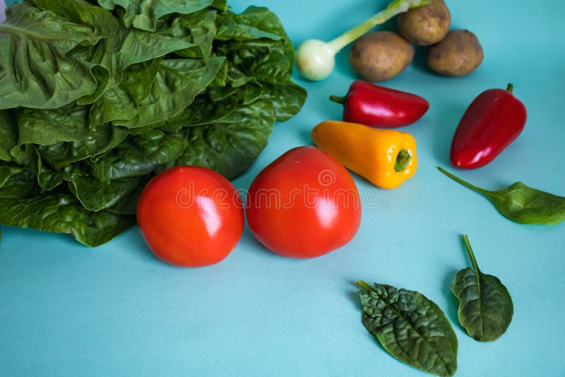 Set of Different Fresh Vegetables on a Blue Background. Healthy Food ...
