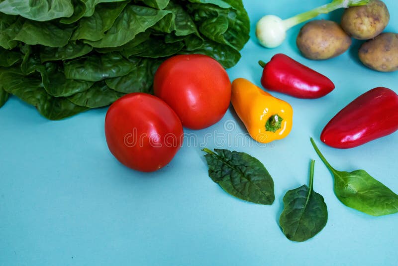 Set of Different Fresh Vegetables on a Blue Background. Healthy Food ...