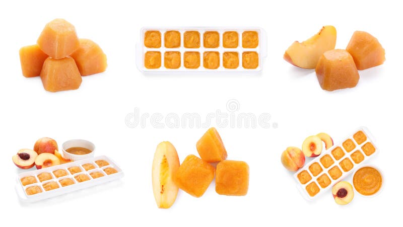 Set with Frozen Puree Cubes and Ingredients on White Background, Banner ...