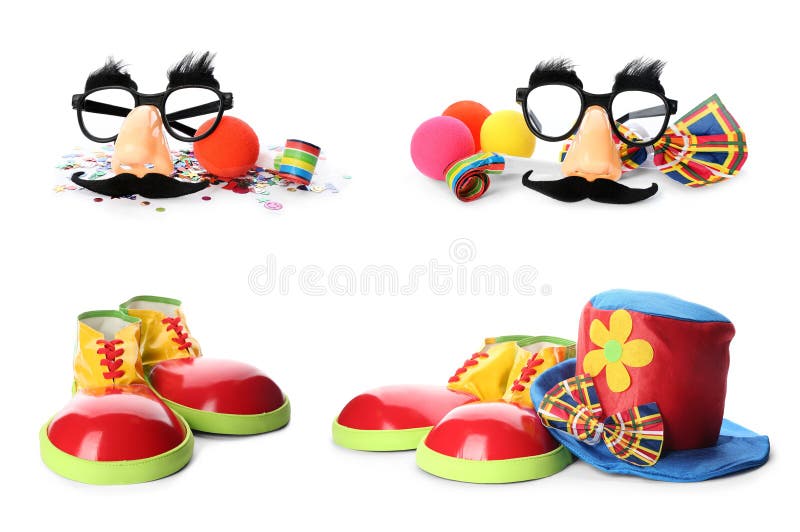 Set with Different Funny Clown`s Accessories on White Background Stock ...