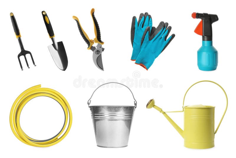 Set with Different Gardening Tools on White Background Stock Photo ...
