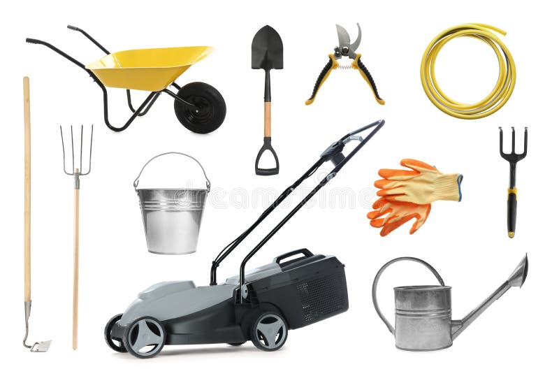 Set with Different Gardening Tools on White Background Stock Photo ...