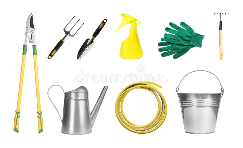 Set with Different Gardening Tools on White Background Stock Photo ...