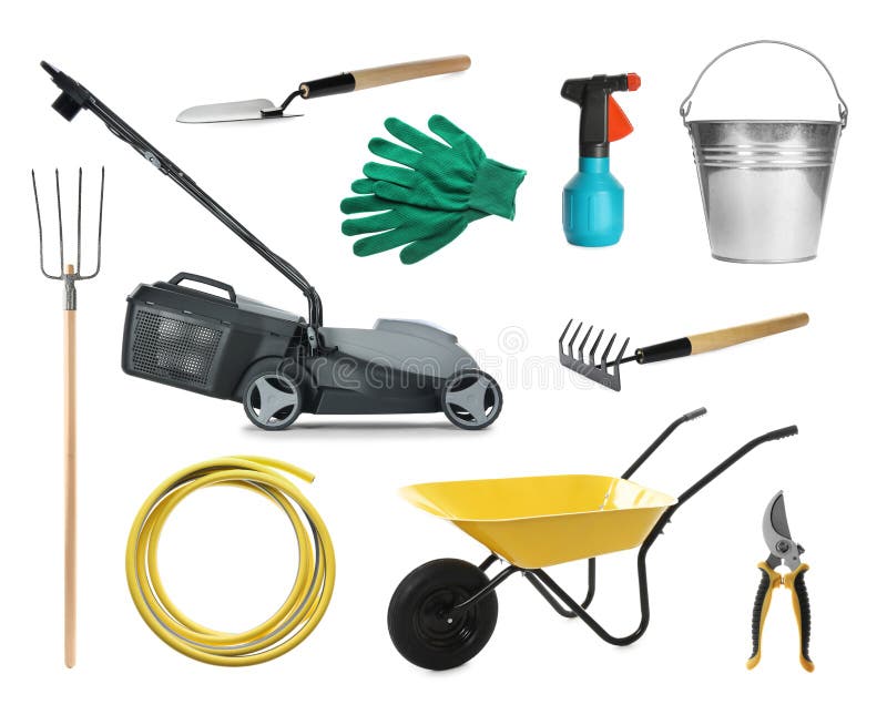 Set with Different Gardening Tools on White Background Stock Photo ...