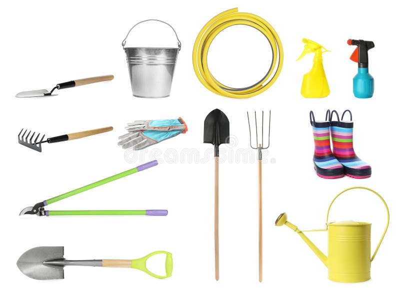 Set with Different Gardening Tools on White Stock Image - Image of ...