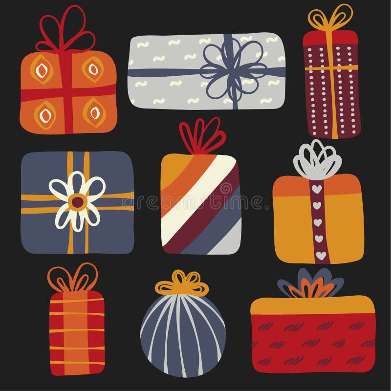 Set of 9 Different Gift Boxes. Cute Design Stock Vector - Illustration ...