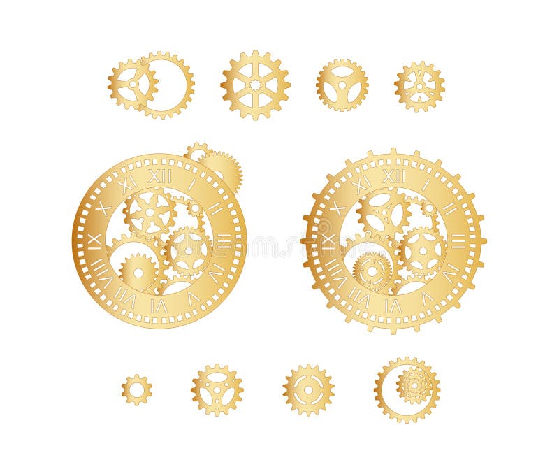Set of Different Golden Cogwheels and Clocks with Gears. Steampunk ...