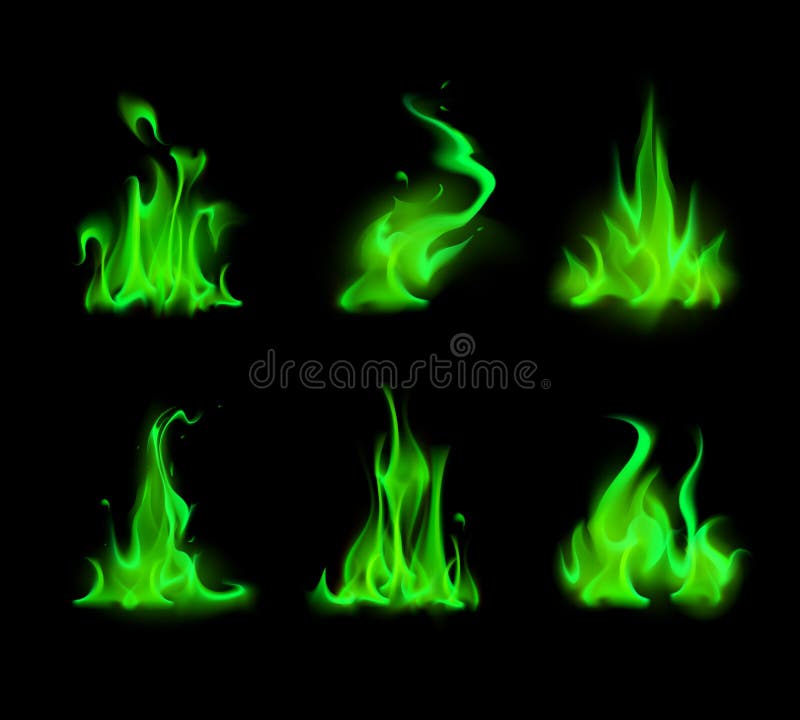Set of Different Green Fire Flame Bonfire Isolated on Background Stock ...