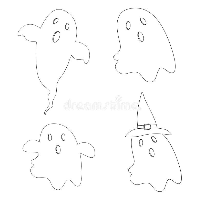 A Set of Different Halloween Ghost Character Outline. Vector ...