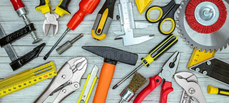 Set of Different Hand Tools on Grey Background Stock Photo - Image of ...