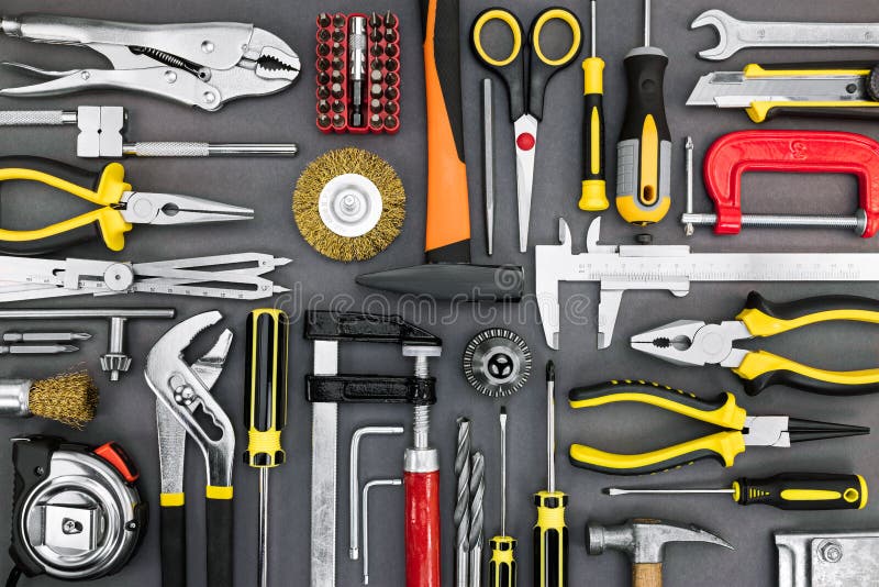 Set of Different Hand Tools on Grey Background Stock Photo - Image of ...