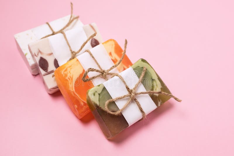 Set of Different Handmade Soaps Bars on Pink Background Minimal Soap ...