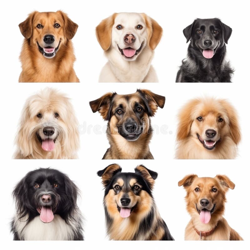 Set of Different Happy Dogs Portraits Isolated on White Background ...