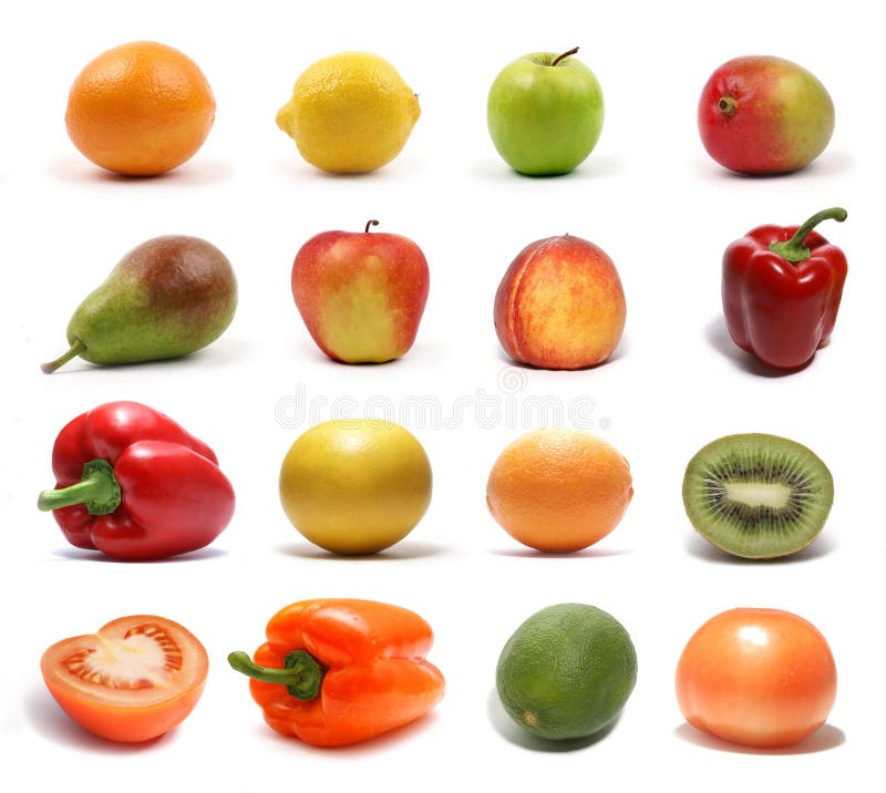 Healthy Fruits and Vegetables Isolated on White Stock Photo - Image of ...