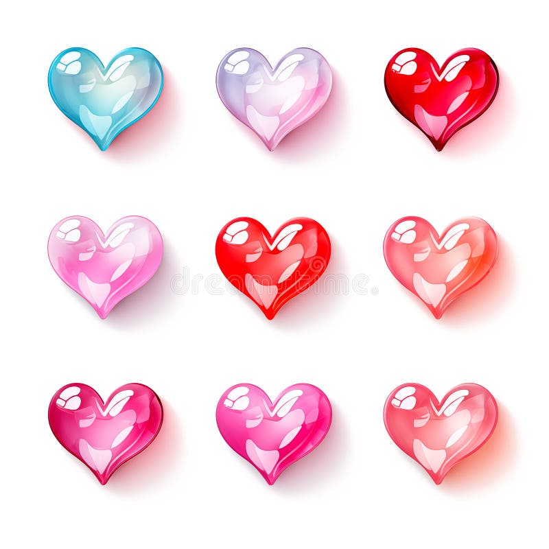 Set of Different Hearts with Glares and Shadow on White Background ...