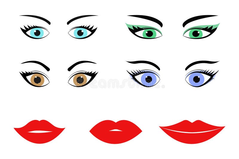 Set of Different Human Eyes, Eyebrows and Lips, Cartoon Girl Face ...