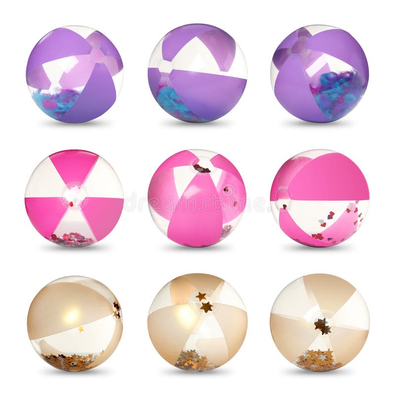 Inflatable Violet Beach Balls with Feathers Inside on White Background ...