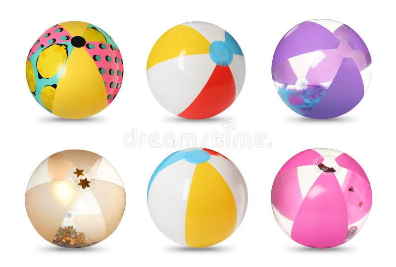 Inflatable Violet Beach Balls with Feathers Inside on White Background ...