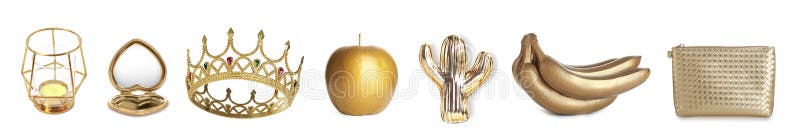 Set of Different Items in Gold Color on White Background Stock Photo ...