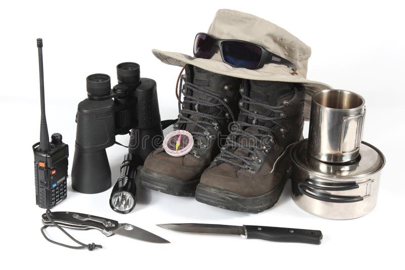 Set of Different Items for Hiking Stock Image - Image of flashlight ...