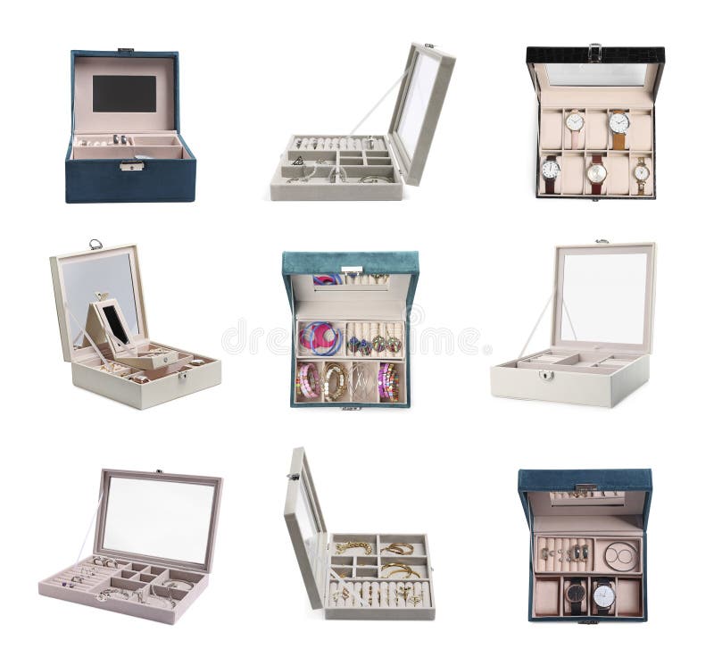 Set with Different Jewelry Boxes Isolated on White Stock Image - Image ...