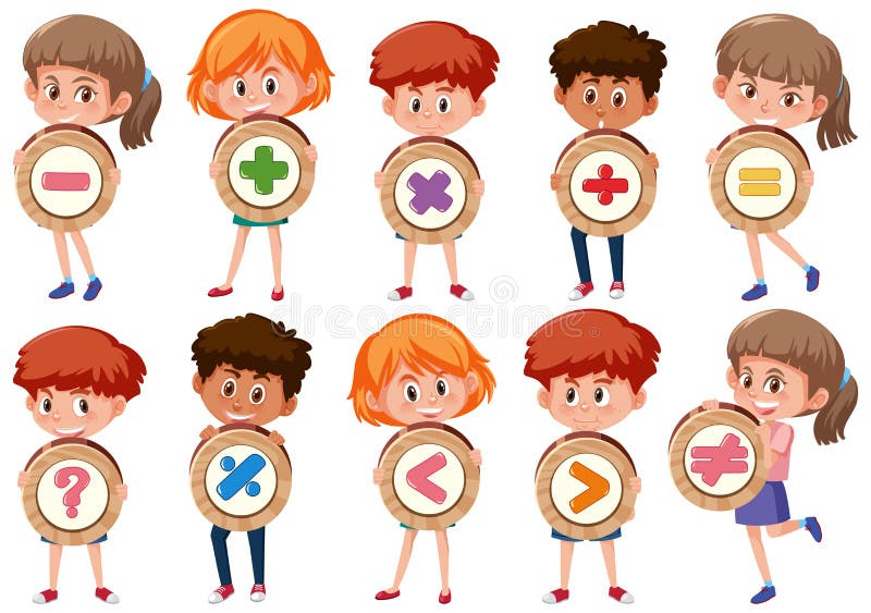 Set Of Different Kids Holding Basic Math Symbol Or Sign Cartoon ...