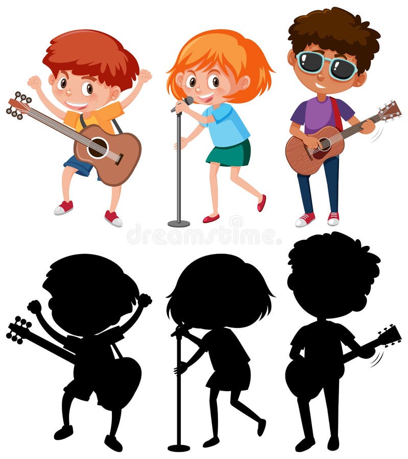 Set of Different Kids Playing Musical Instruments with Silhouette Stock ...