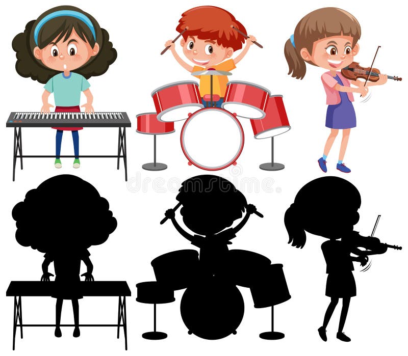 Set of Different Kids Playing Musical Instruments with Silhouette Stock ...