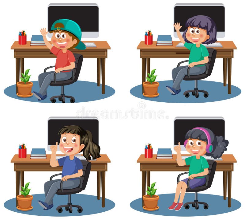 Set of Different Kids Using Computer Stock Vector - Illustration of ...