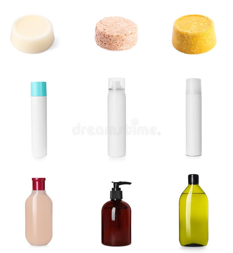 Set with Different Kinds of Shampoo: Ordinary, Dry and Solid on White ...