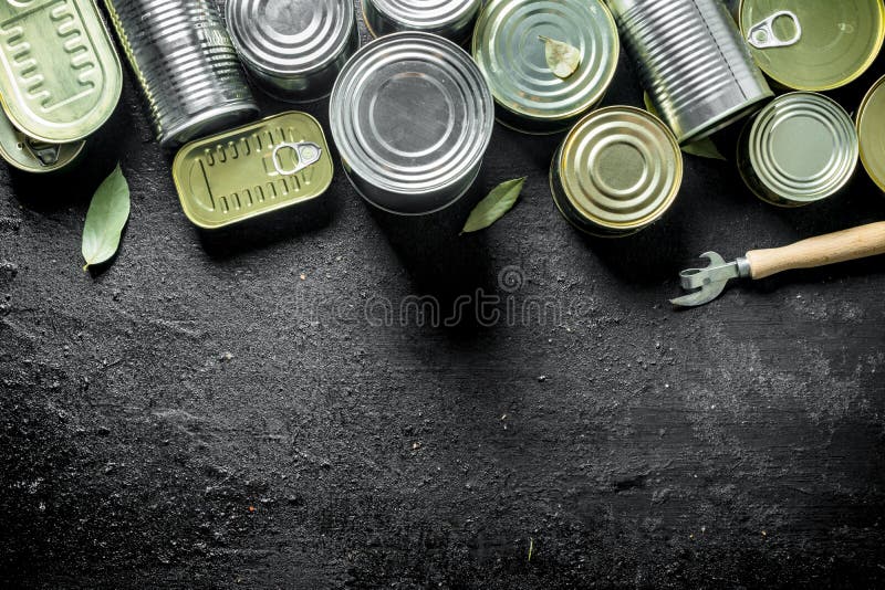 Set of Different Kinds of Tin Cans with Canned Food Stock Photo - Image ...