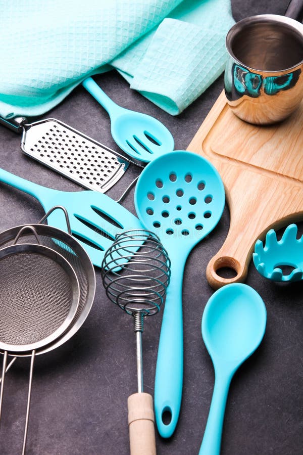 Set of Different Kitchen Utensils and Cutting Board Stock Photo - Image ...