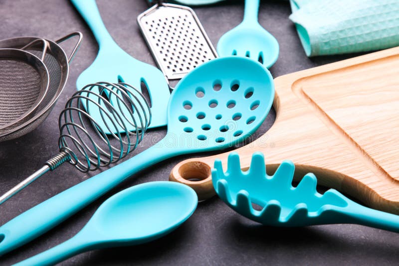 Set of Different Kitchen Utensils and Cutting Board Stock Image - Image ...