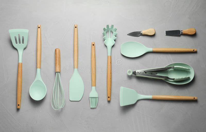 Set of Different Kitchen Utensils on Grey Table, Flat Lay Stock Photo ...