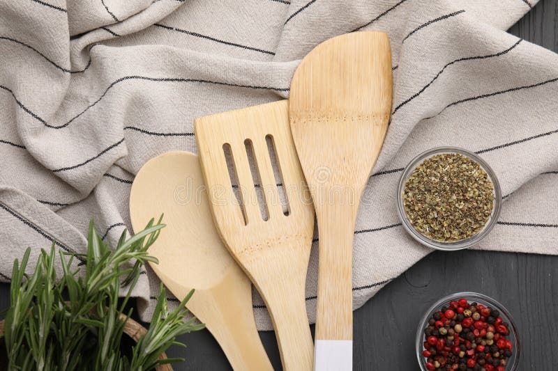 Set of Different Kitchen Utensils and Spices on Grey Wooden Table, Flat ...