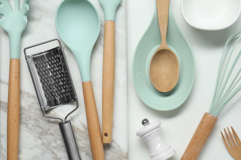 Set of Different Kitchen Utensils on White Table, Flat Lay Stock Photo ...