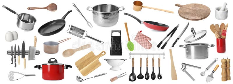 Set of Different Kitchenware on White Background Stock Photo - Image of ...