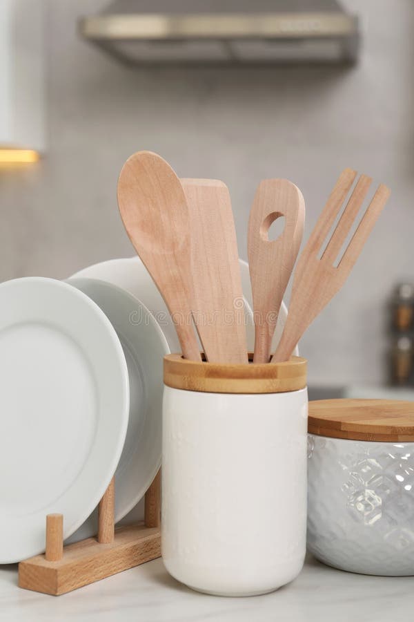 Set of Different Kitchenware on White Table at Home Stock Photo - Image ...