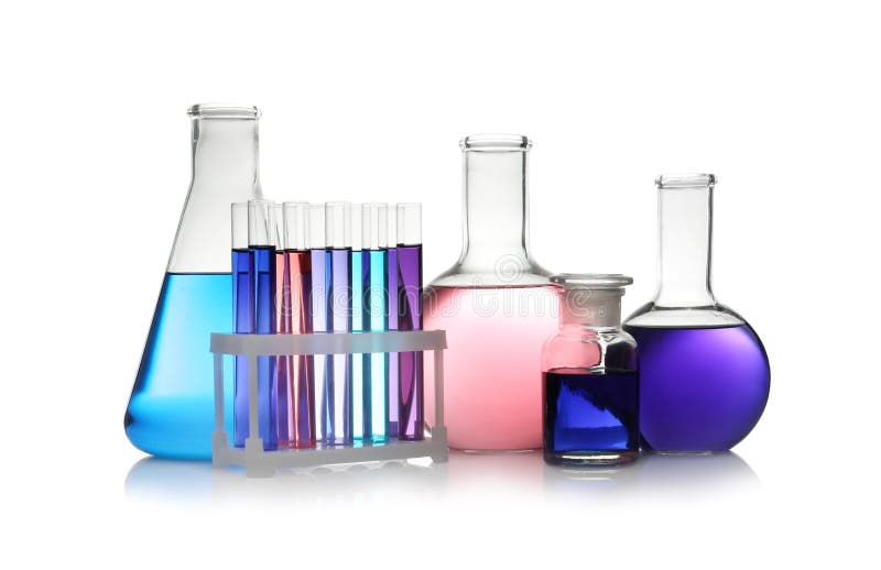 Set of Different Lab Glassware with Color Liquid on White Stock Image ...