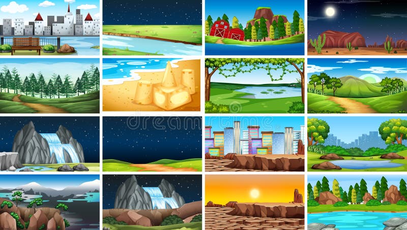 Set of Different Landscape with Trees Stock Vector - Illustration of ...