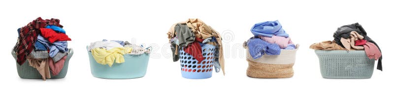 Set with Different Laundry Baskets Full of Clothes on White Background ...