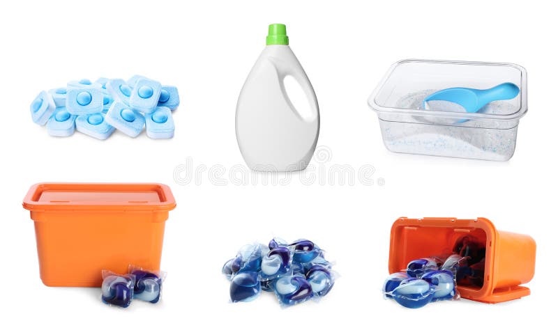 Set with Different Laundry Products on White Background Stock Image ...