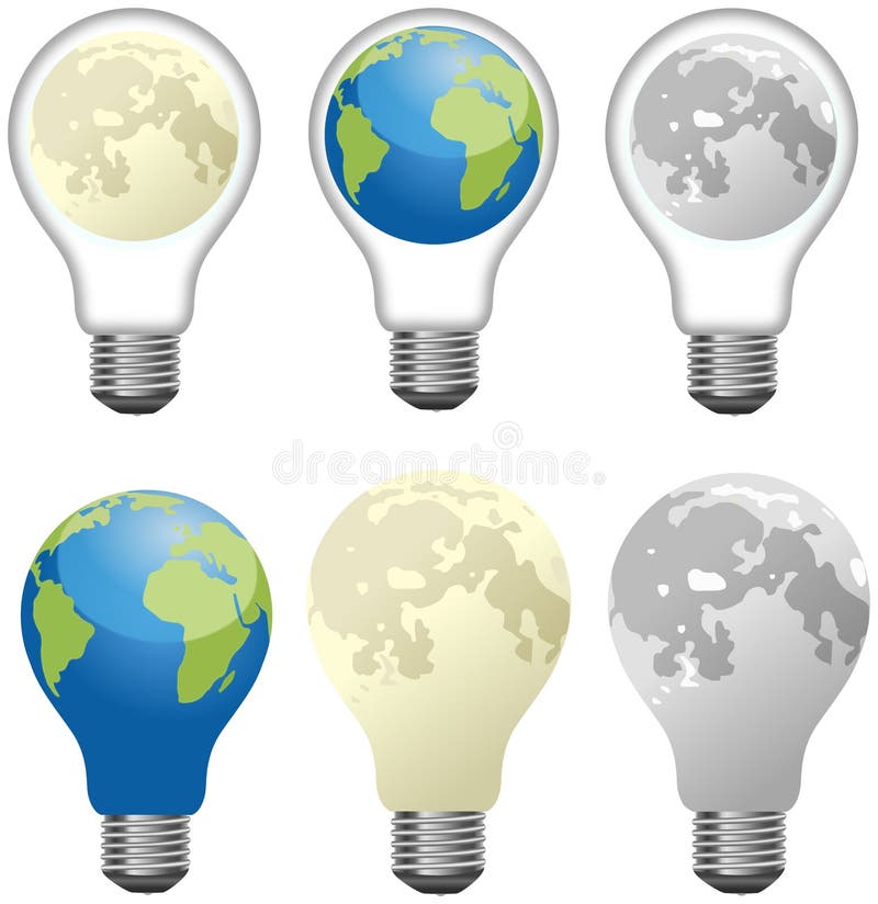 Set of Different Light Bulbs Designed As Moon and Earth Stock ...
