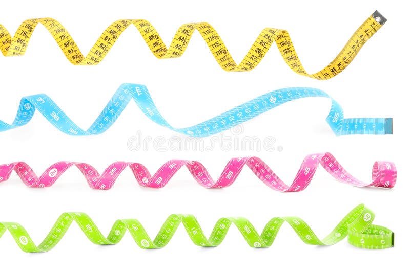 Set with Different Measuring Tapes on White Background Stock Photo ...