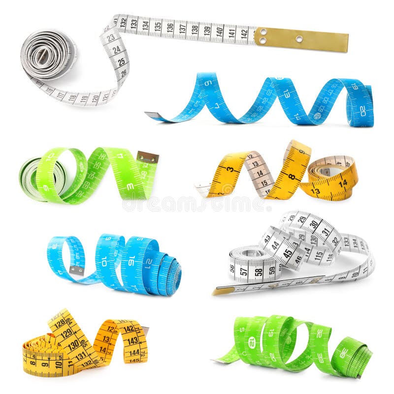 Set with Different Measuring Tapes on White Background Stock Photo ...