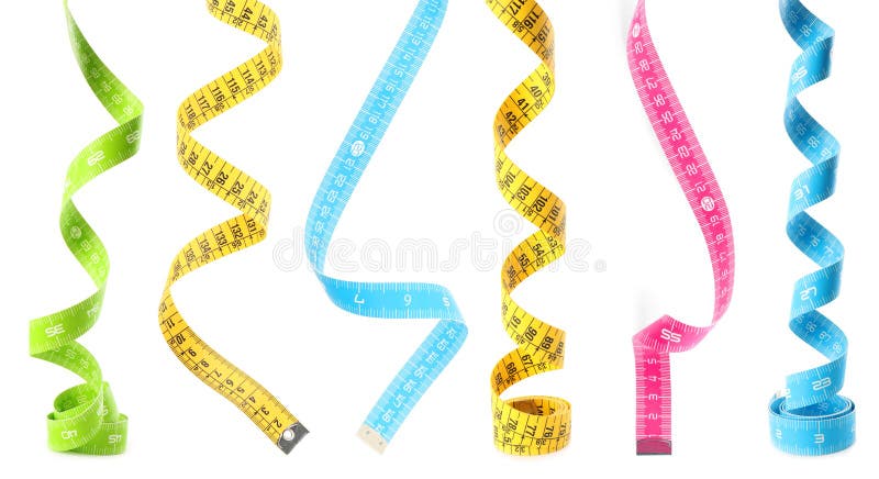 Set with Different Measuring Tapes on White Background Stock Photo ...