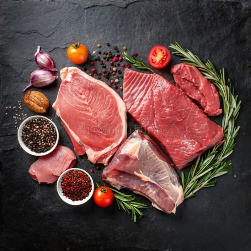 A Set of Different Meats Fish Beef and Pork Source of Animal Protein ...