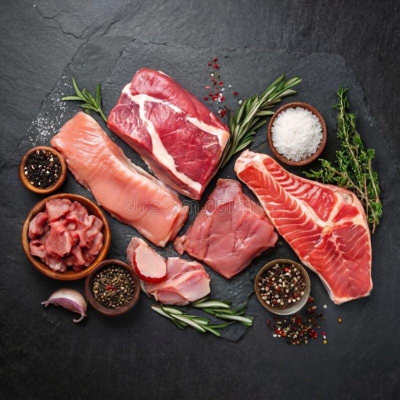 A Set of Different Meats Fish Beef and Pork Source of Animal Protein ...
