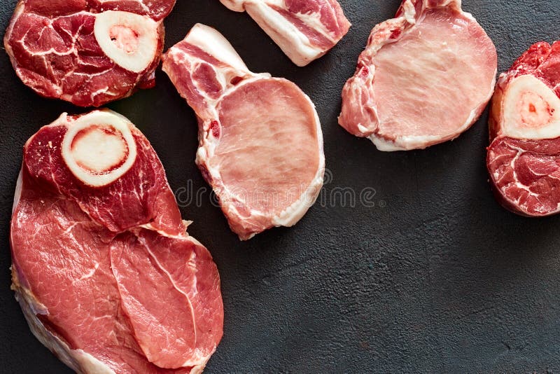 Meat Pork Beef on Black Background Copy Space Top View Stock Image ...