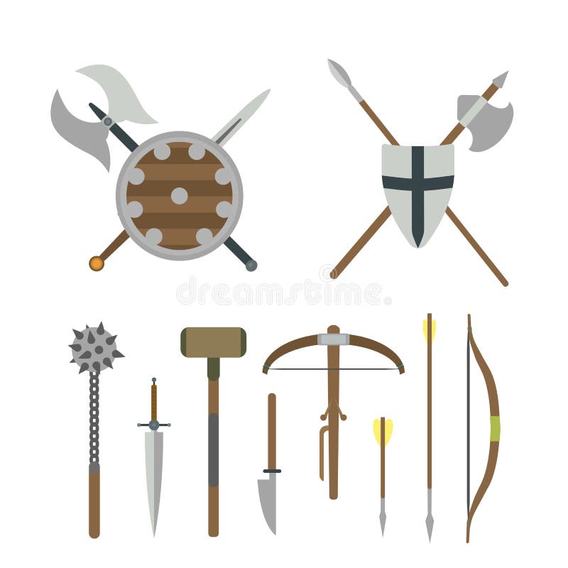 Set of Different Medieval Weapons Vector Flat Illustrations. Stock ...